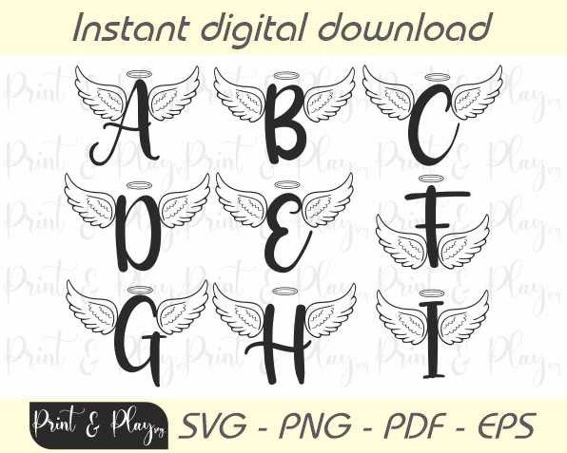Angel Wings Monogram Alphabet SVG, PNG, PDF, Monogram Frame Alphabet ...