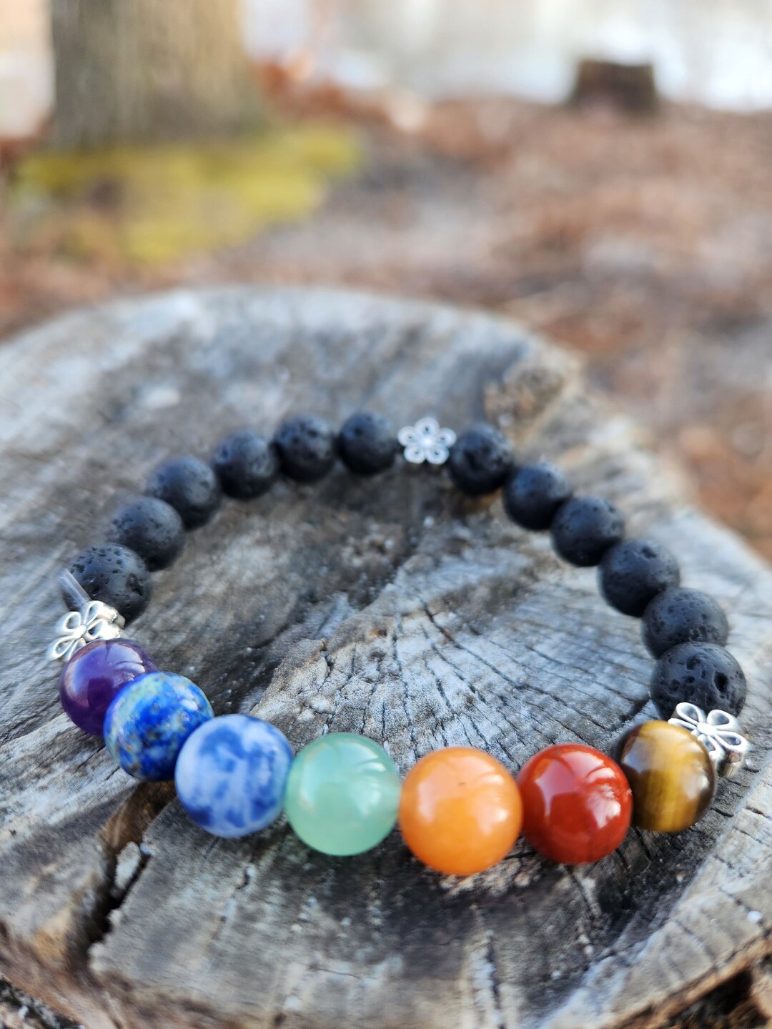 8mm flower Chakras Lava and Chakras Bead Braceletcomes With Worry Stone ...