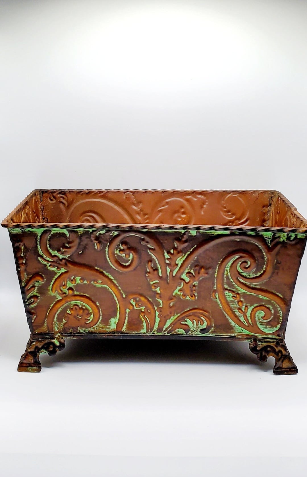 Verdigris Tole Bin - Metal Houseplant Container - Plant Centerpiece ...