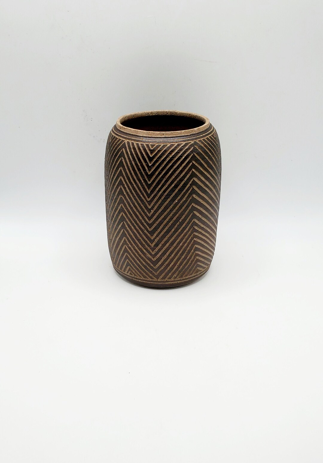 Chevron Pottery Vase- Handmade Pottery Vase - Medium Brown Vase Signed ...