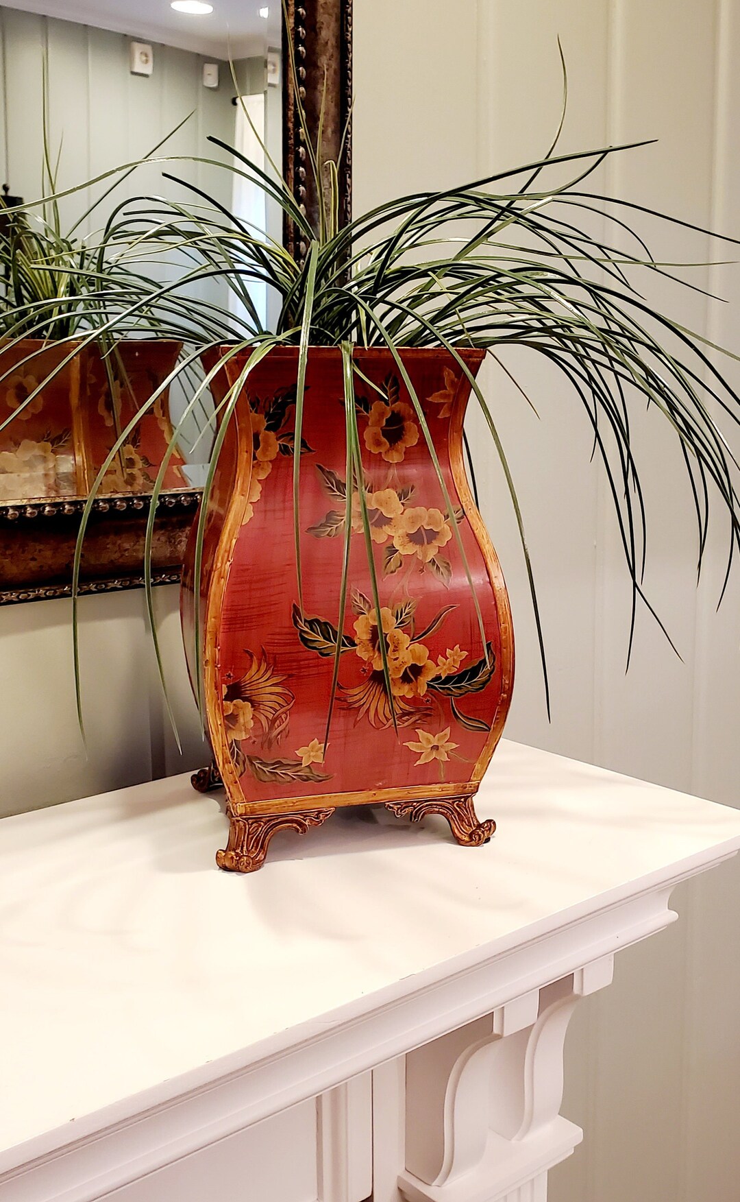 Red Toleware Bin Red Floral Cache Pot Red Metal Cache Pot Metal Tole ...