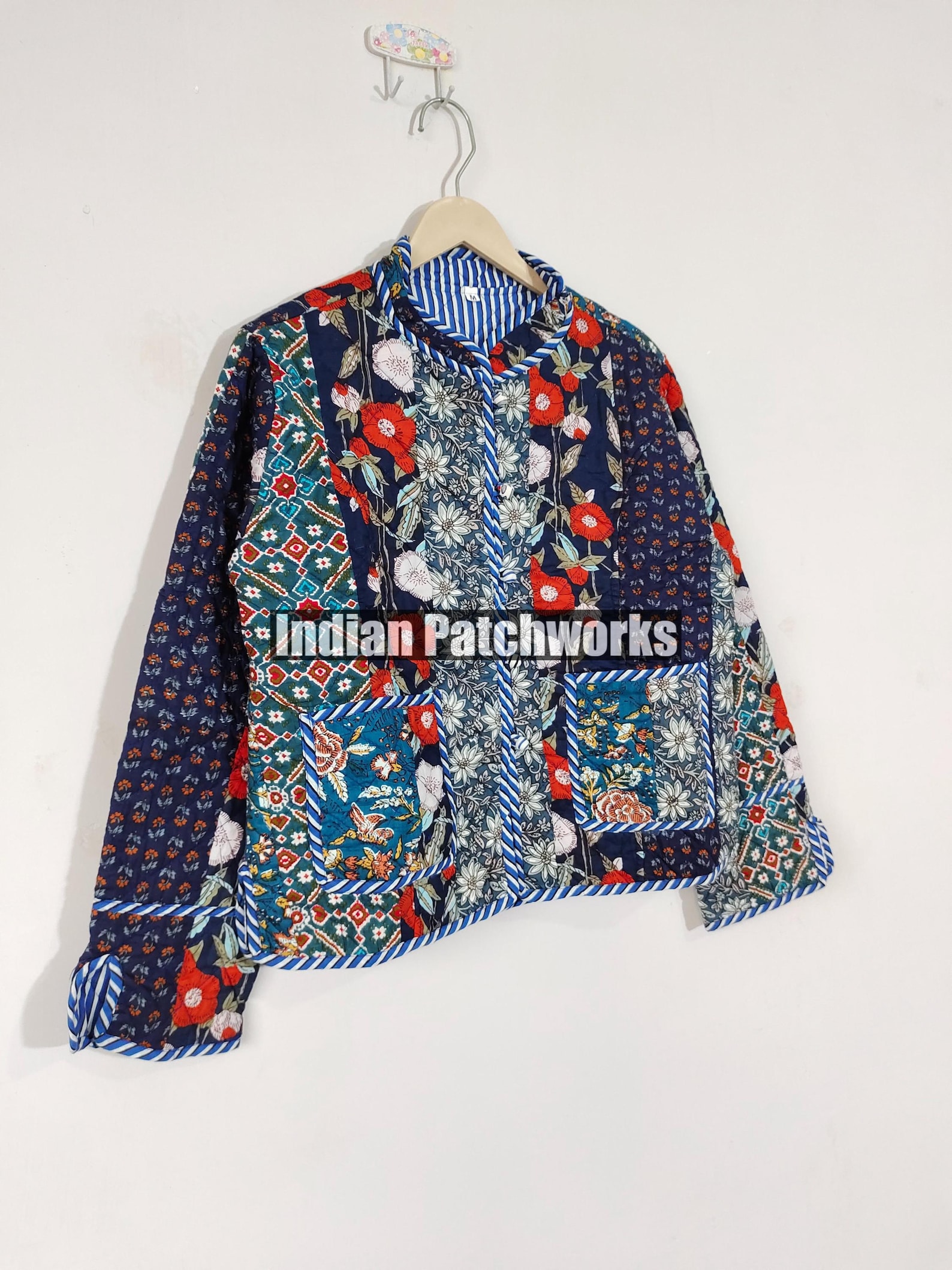 Indigo Blue Color Jacket, Cotton Quilted Handmade Cotton Floral Jacket ...