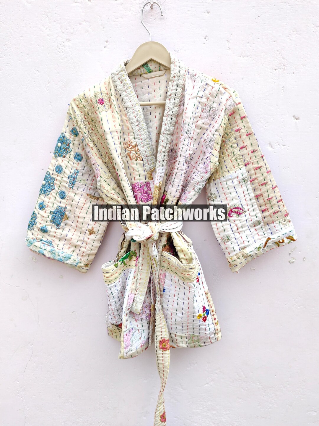 White Patchwork Short Kantha Robe Vintage Kantha Kimono Hand Embroidery ...