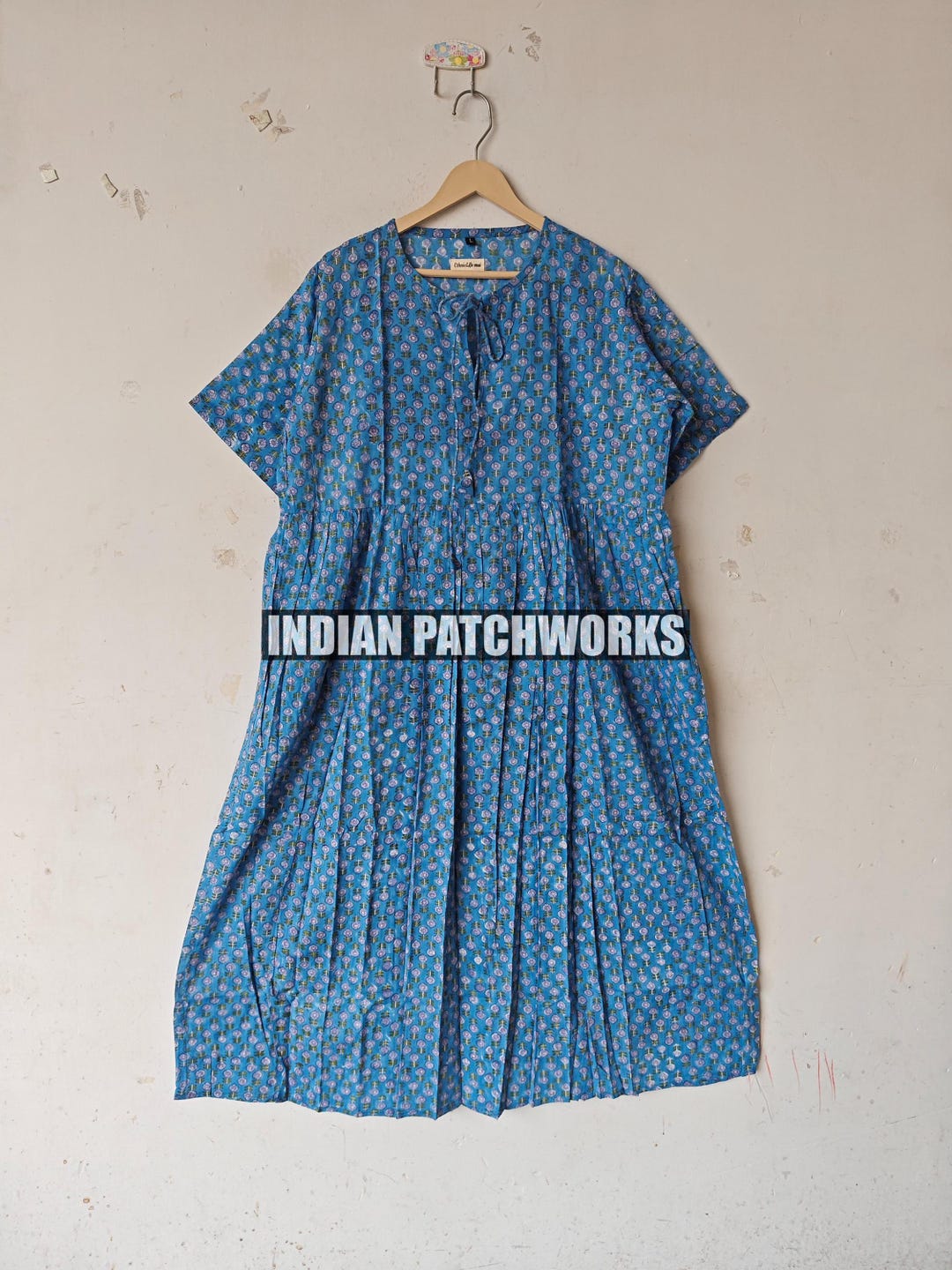 Blue Block Print Midi Mini Women Girls Dress,deep Neck With String ...