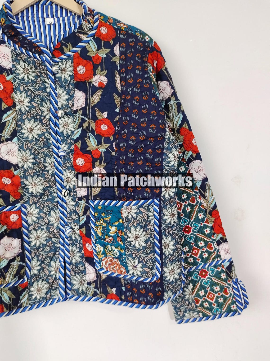 Indigo Blue Color Jacket, Cotton Quilted Handmade Cotton Floral Jacket ...