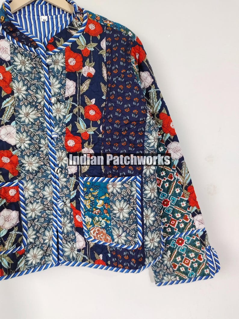 Indigo Blue Color Jacket, Cotton Quilted Handmade Cotton Floral Jacket ...