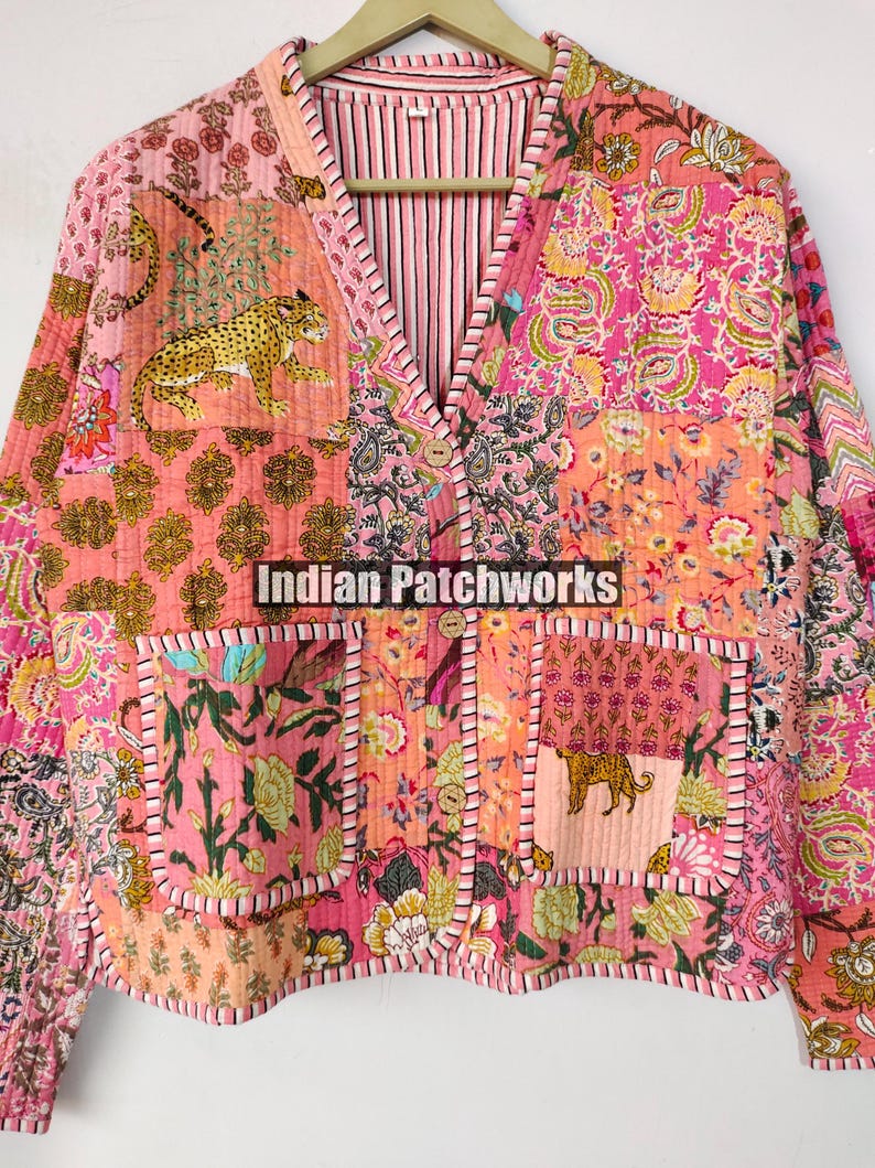 Indian Patchwork Jacket Women Wear Coat Front Open Kimono Stripe Piping New Printed Cotton ...