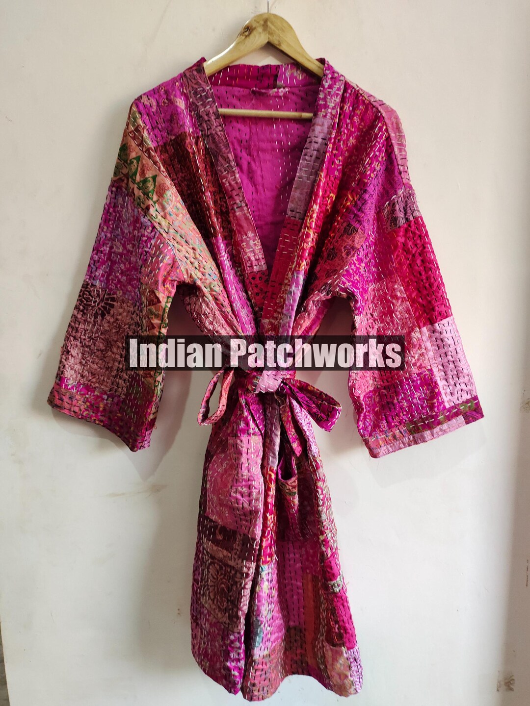 Handmade Silk Kantha Kimono, Pink Shaded Patchwork,bath Robe,indian ...