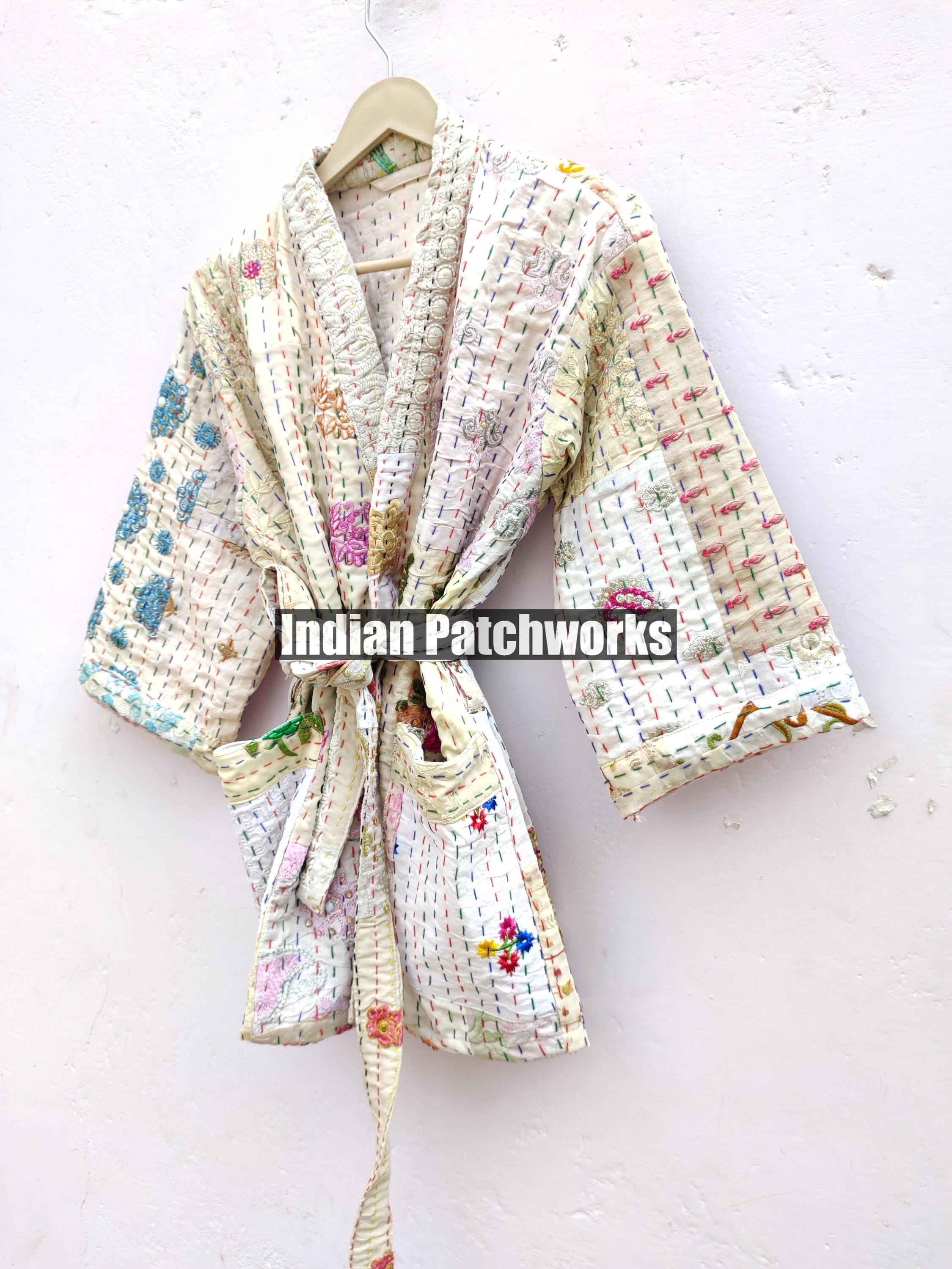 White Patchwork Short Kantha Robe Vintage Kantha Kimono Hand Embroidery ...