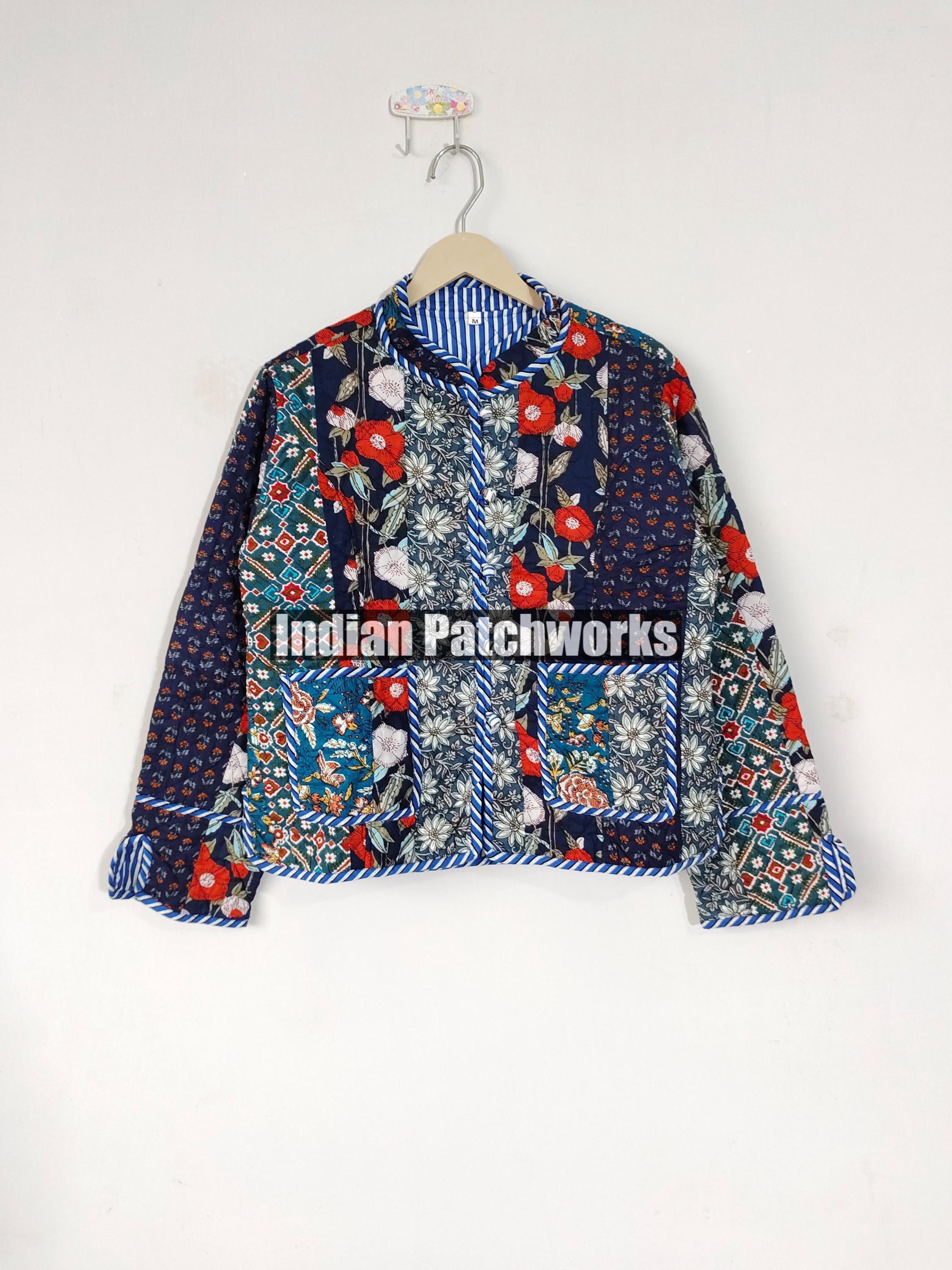 Indigo Blue Color Jacket, Cotton Quilted Handmade Cotton Floral Jacket ...