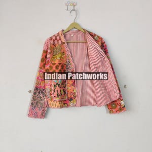 Indian Patchwork Jacket Women Wear Coat Front Open Kimono Stripe Piping New Printed Cotton ...