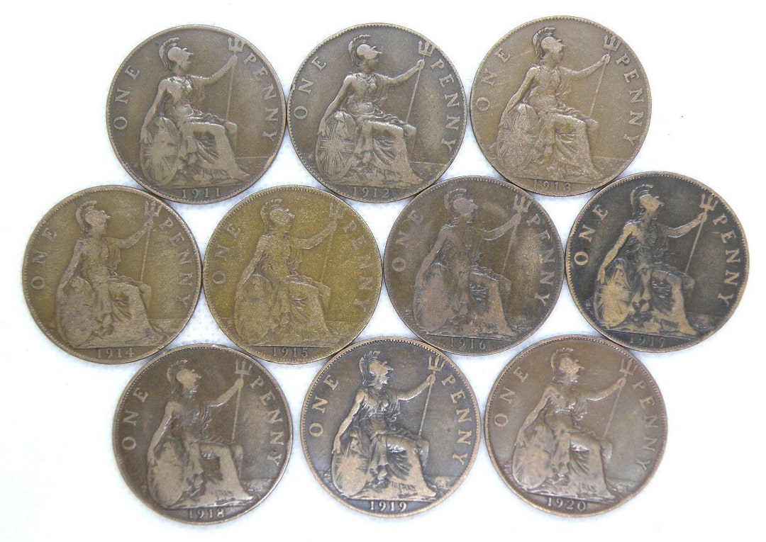 PENNY COIN SET - King George V - Date Run 1911 Through to 1920 - 10 ...