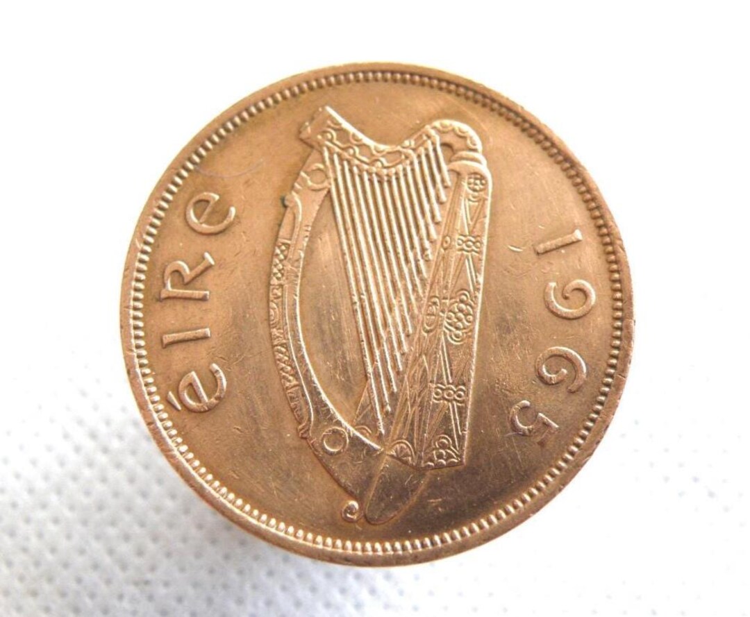 1965 IRISH PENNY COIN - Bronze 1d - Hen & Chicks / Harp Design - Ireland / Eire Cleaned Original ...