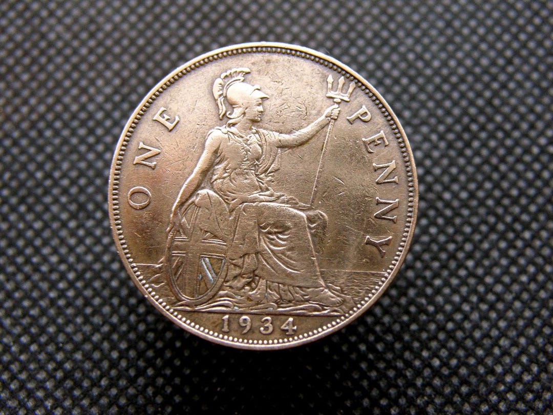 1934 British PENNY COIN - King George V - Bronze - Large 1d Coin ...