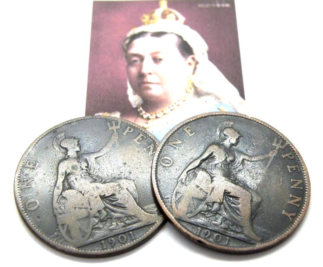 2 X 1901 British VICTORIAN PENNY COINS - Queen Victoria - Original ...