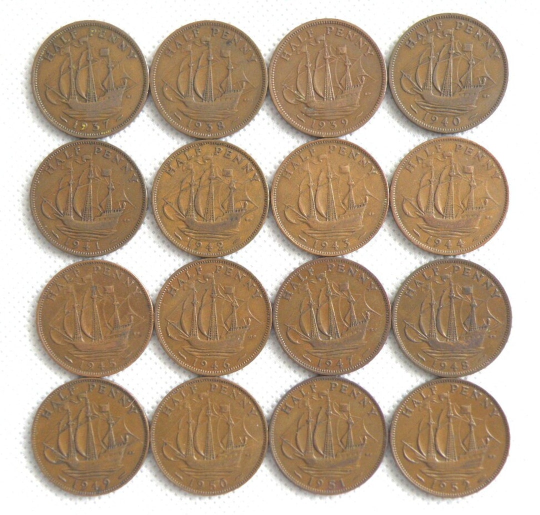 HALFPENNY COIN SET King George V.I. 1937 Through to 1952 16 Coin Date ...