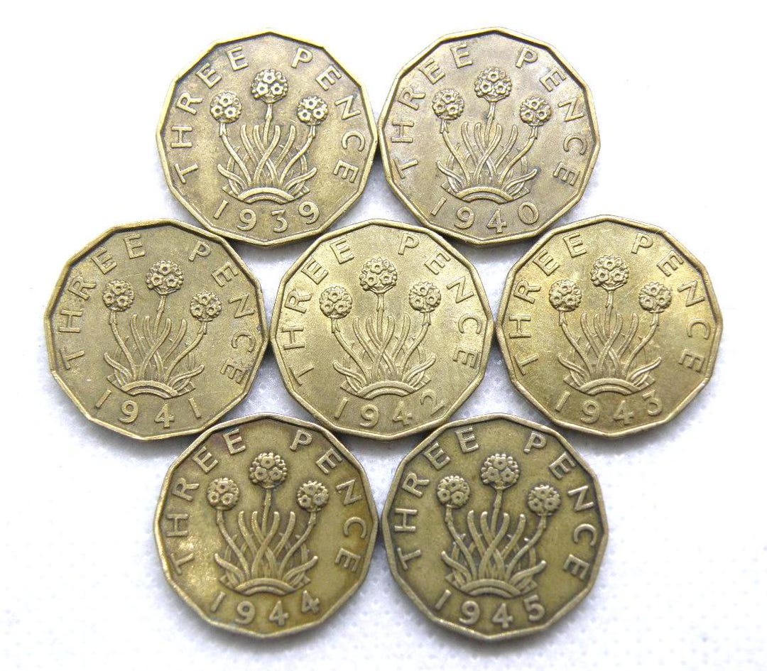 WORLD WAR II Coins British Brass Threepence Coins 1939 to 1945 3ds King ...