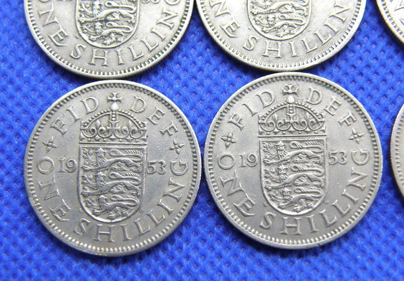 12 X 1953 ONE SHILLING COINS - English Three Lion Shield Design - Queen ...