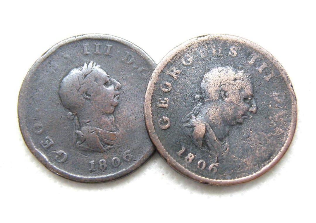 2x 1806 King George III HALFPENNY COINS - Original Copper 1/2d Coins ...