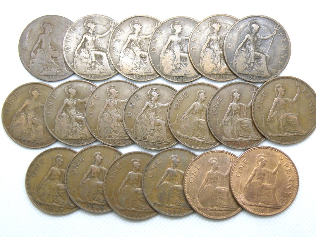 LARGE BRITISH PENNIES 19x Vintage Bronze One Penny Coins 1010's to 1960 ...