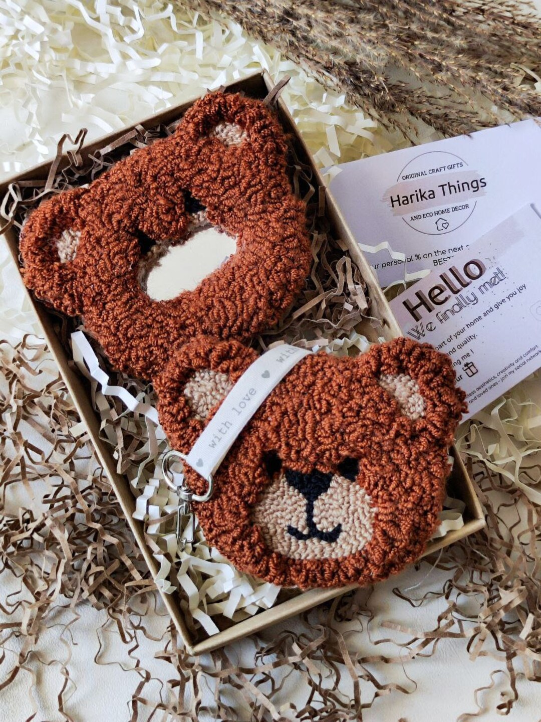 Two Items Set Punchneedle Mirror & Keychain Cute Bear Handmade Tufted Craft Gift for Her Boho ...