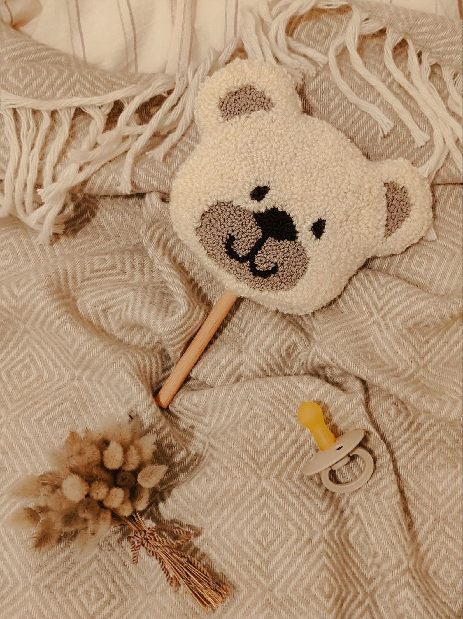 Ivory Punchneedle Teddy Bear on a Stick First Toy for Newborn Aesthetic ...