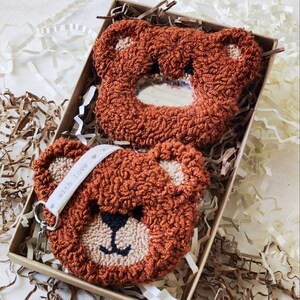 Two Items Set Punchneedle Mirror & Keychain Cute Bear Handmade Tufted Craft Gift for Her Boho ...