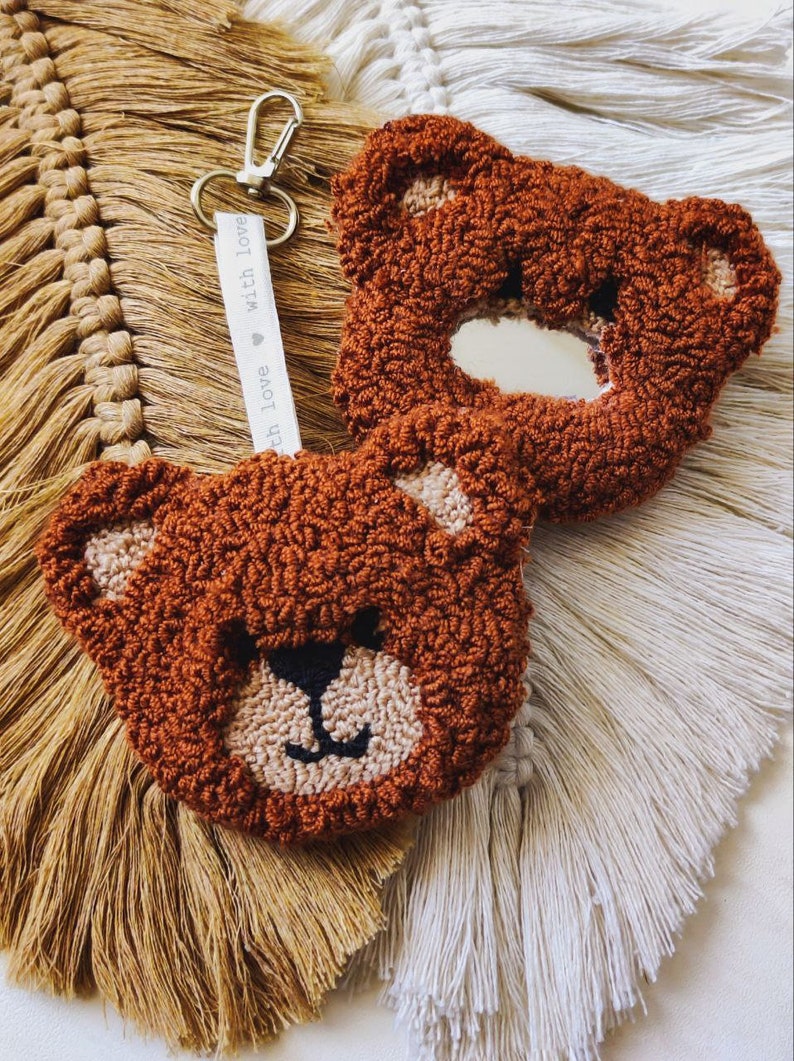 Two Items Set Punchneedle Mirror & Keychain Cute Bear Handmade Tufted Craft Gift for Her Boho ...