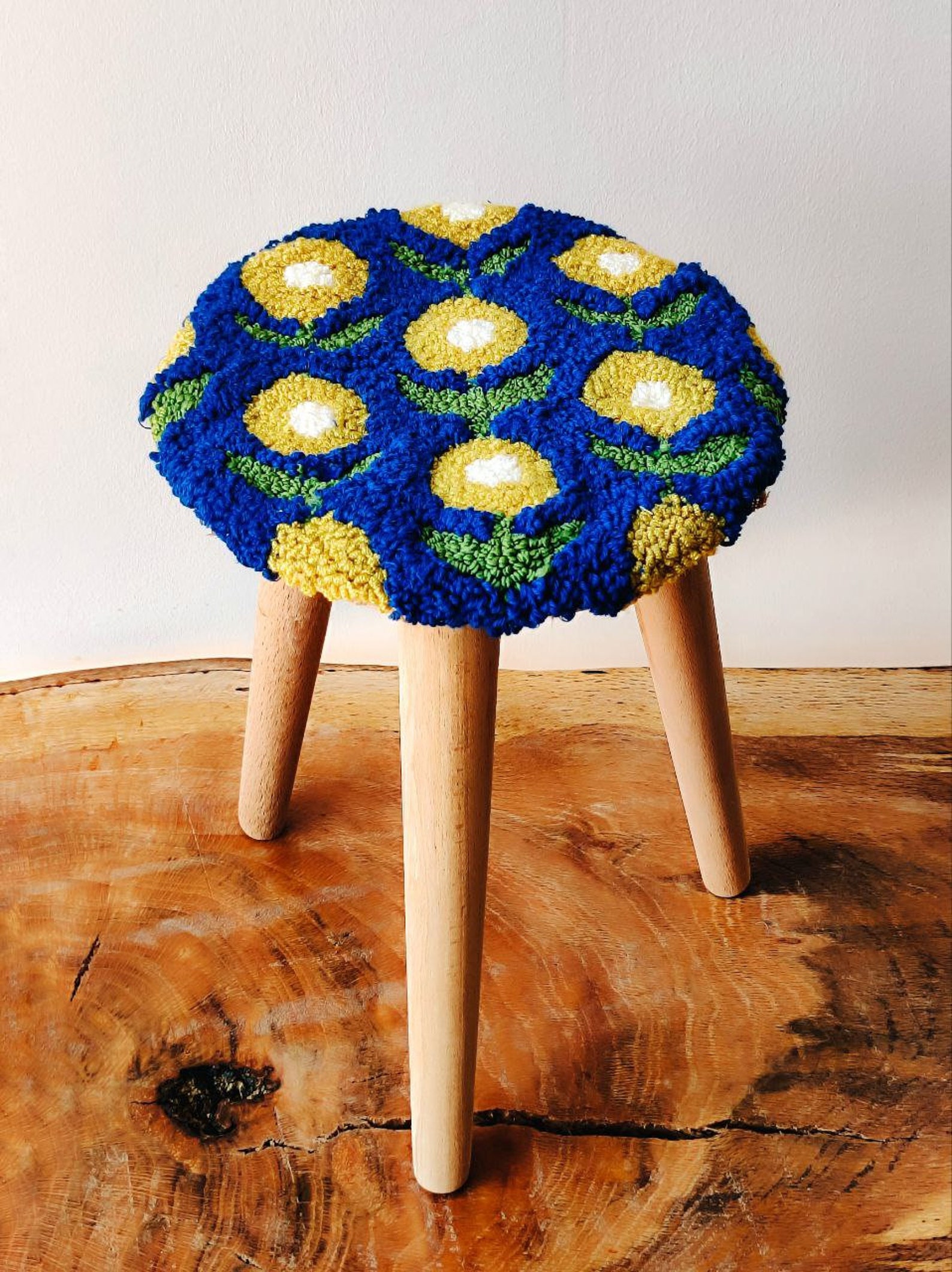 Babyroom Chair Blue Handmade Tufted Stool With Flowers - Etsy