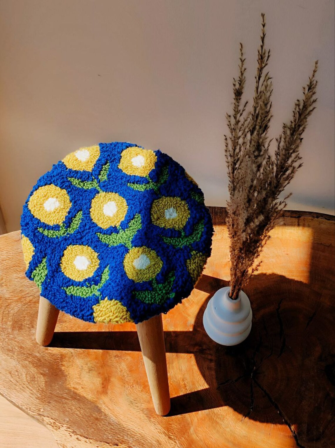 Babyroom Chair Blue Handmade Tufted Stool With Flowers - Etsy