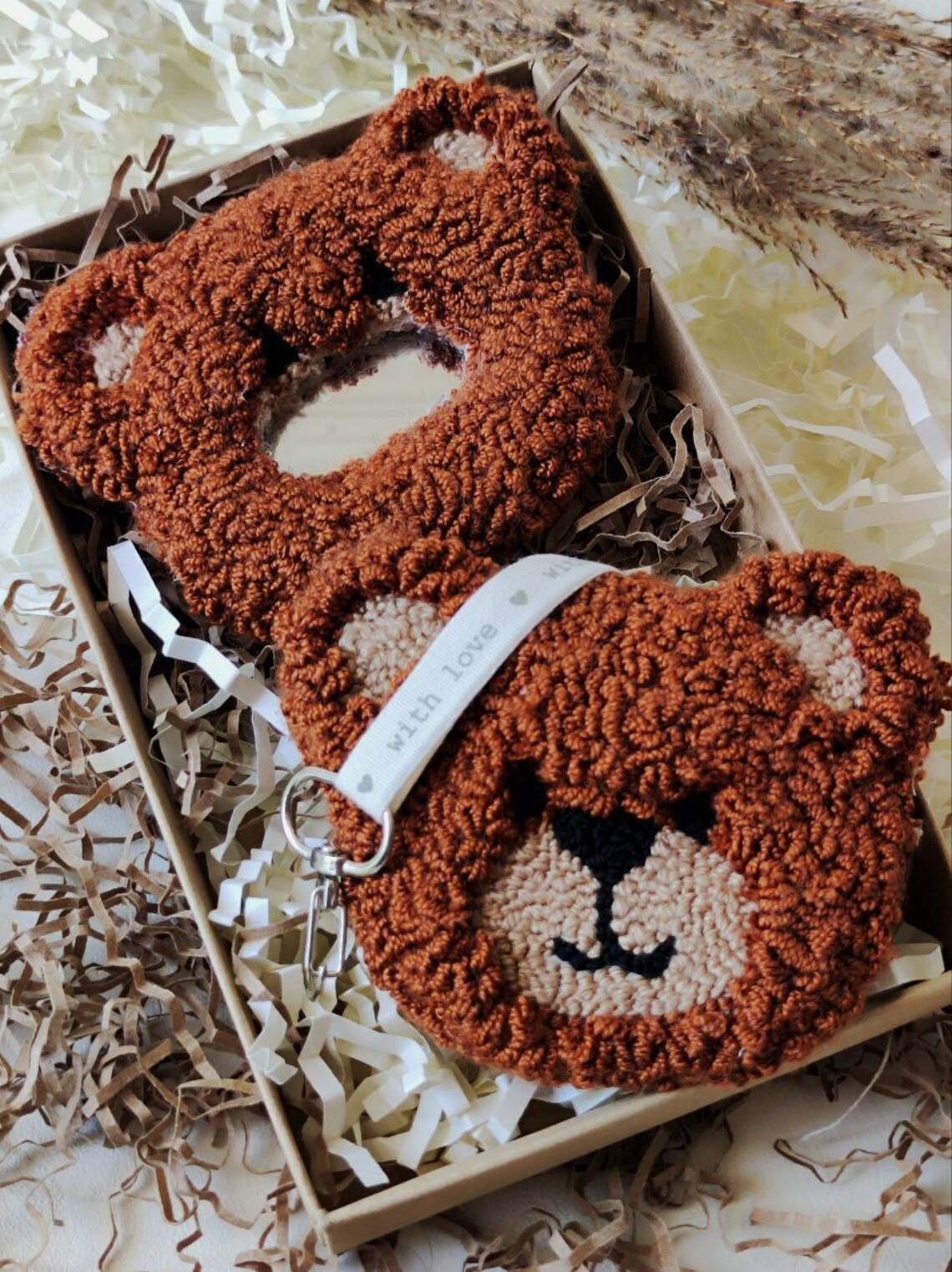 Two Items Set Punchneedle Mirror & Keychain Cute Bear Handmade Tufted Craft Gift for Her Boho ...