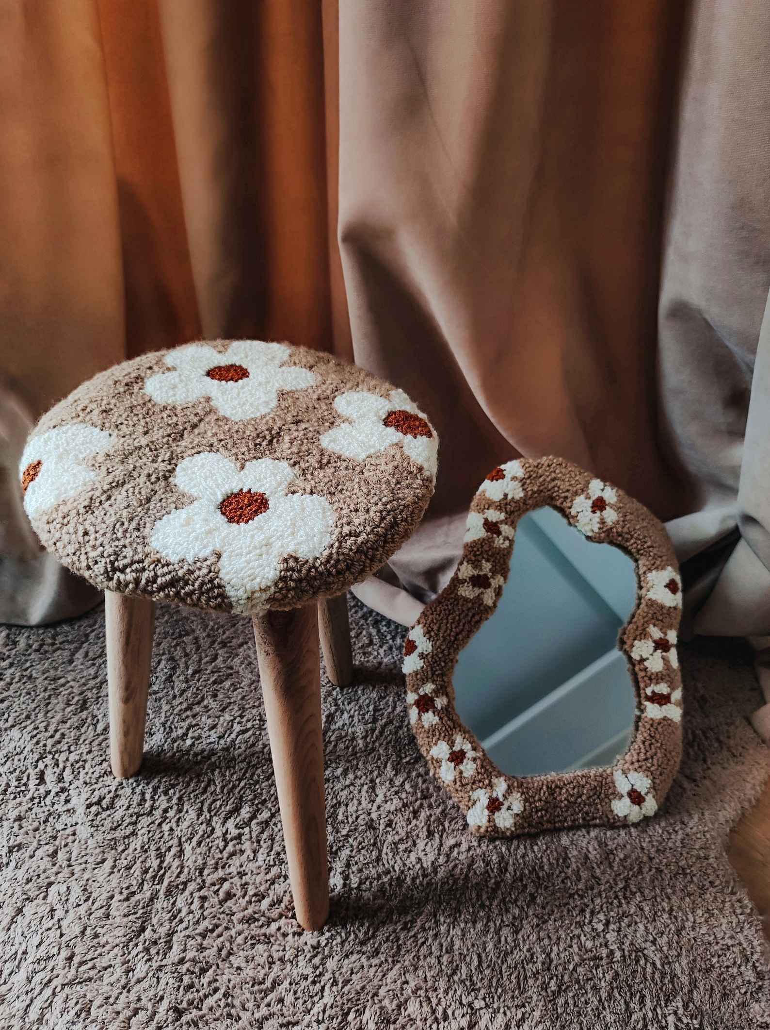 Furniture Set of 2 Pieces Punch Needle Mirror Punch Needle Stool With ...