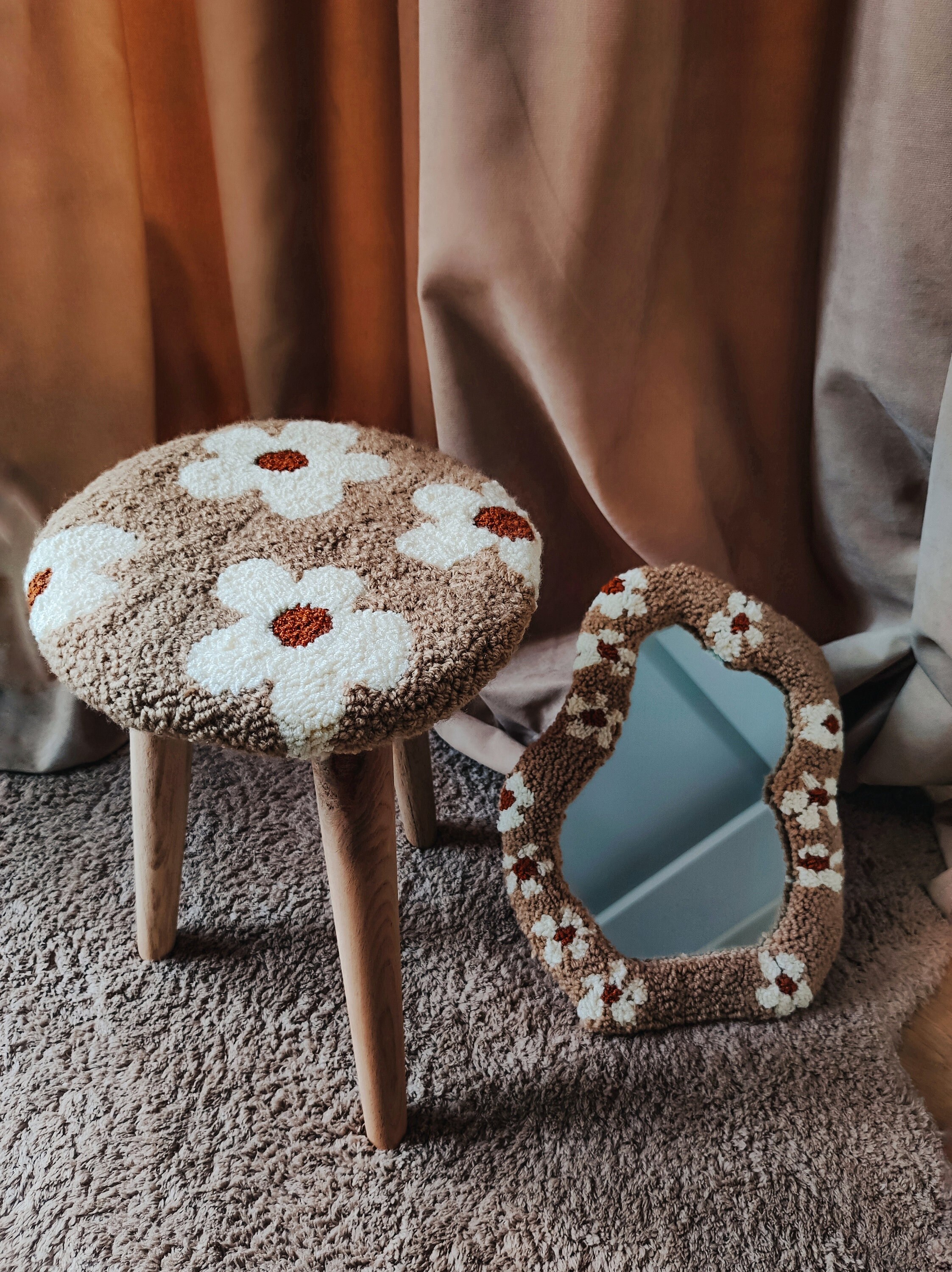 Furniture Set of 2 Pieces Punch Needle Mirror Punch Needle Stool With ...