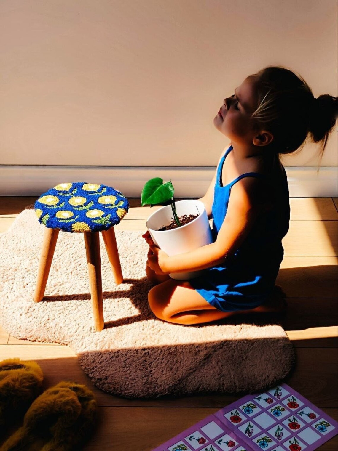 Babyroom Chair Blue Handmade Tufted Stool With Flowers - Etsy