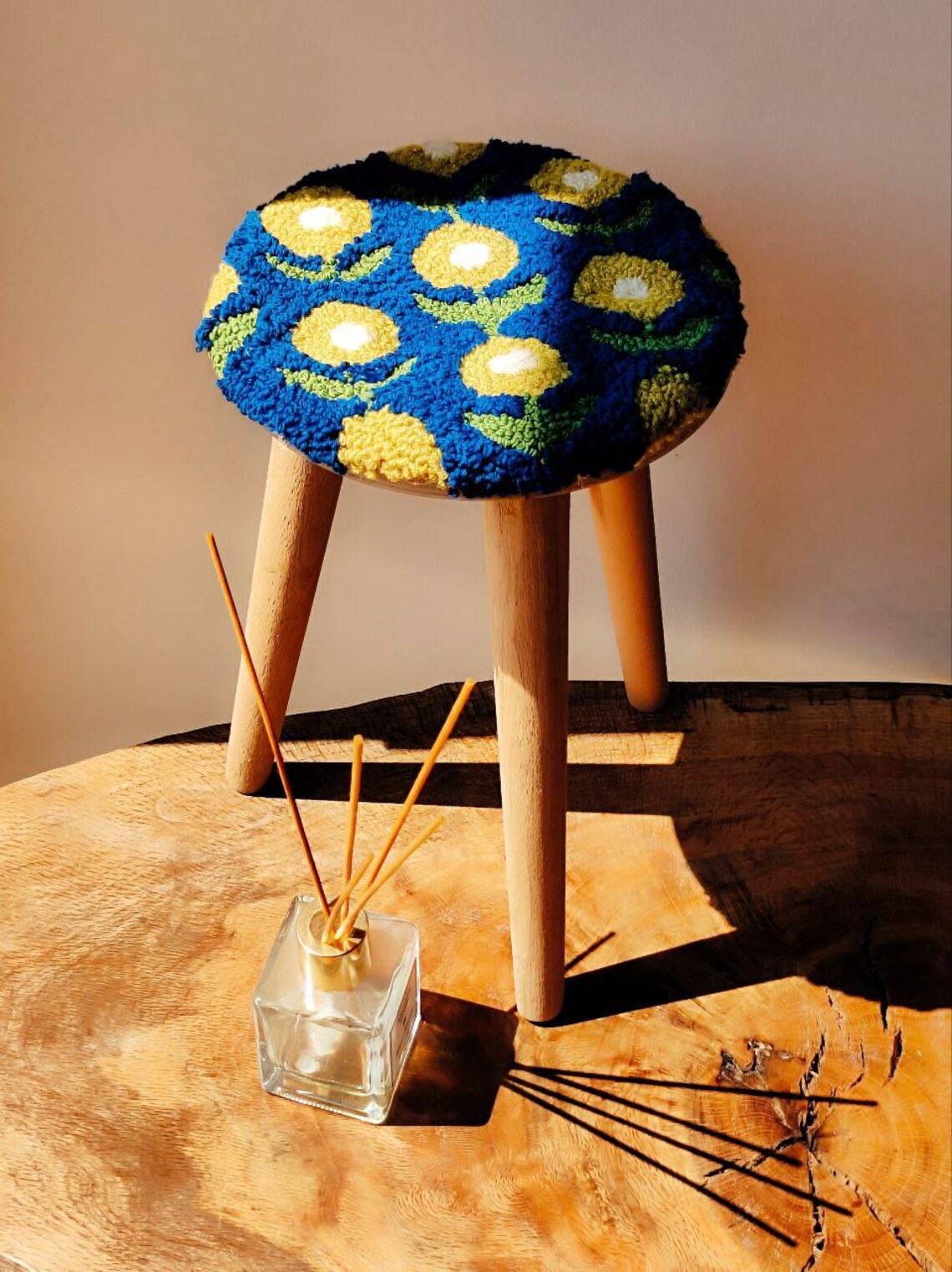 Babyroom Chair Blue Handmade Tufted Stool With Flowers - Etsy
