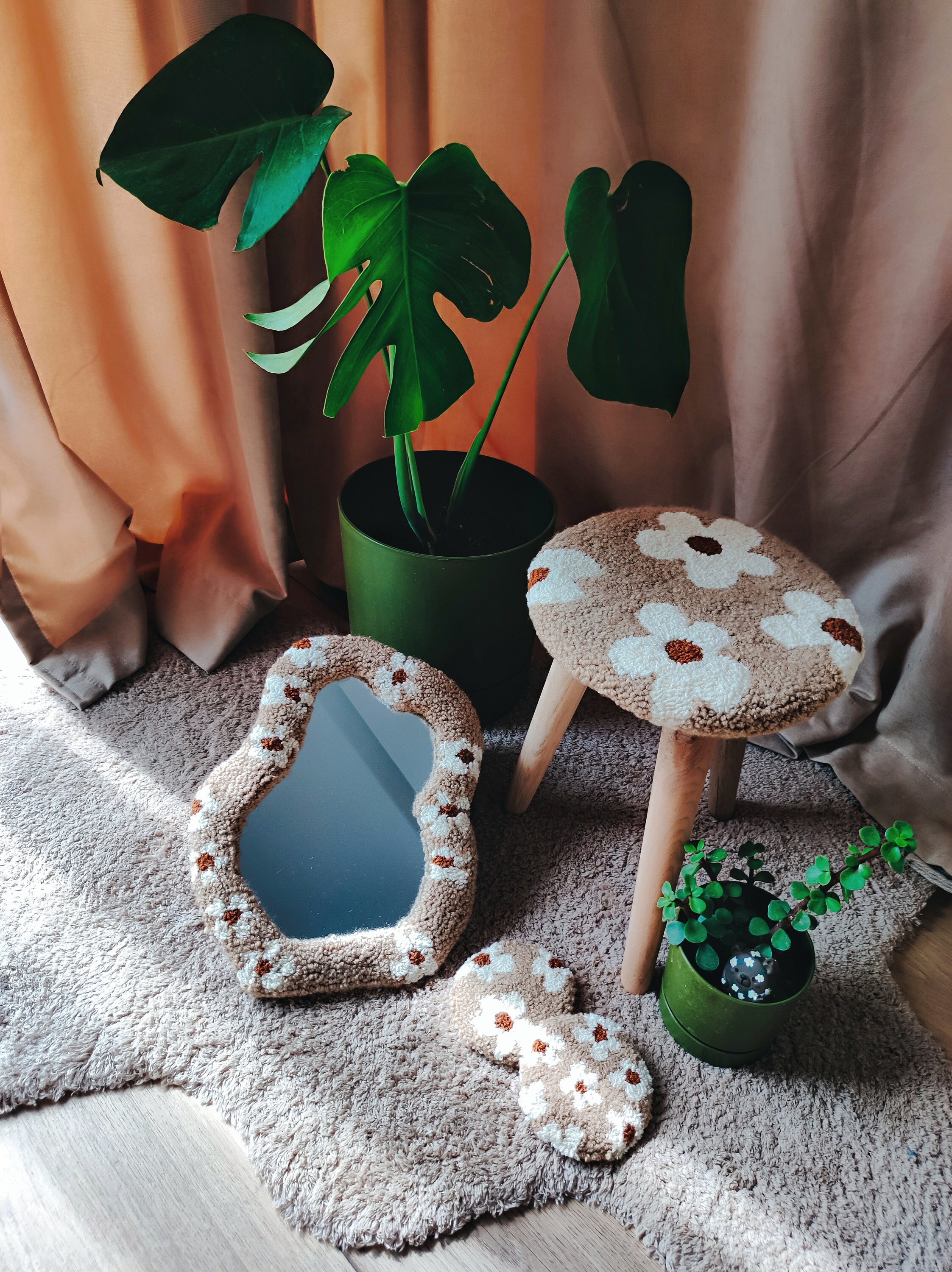 Furniture Set of 2 Pieces Punch Needle Mirror Punch Needle Stool With ...