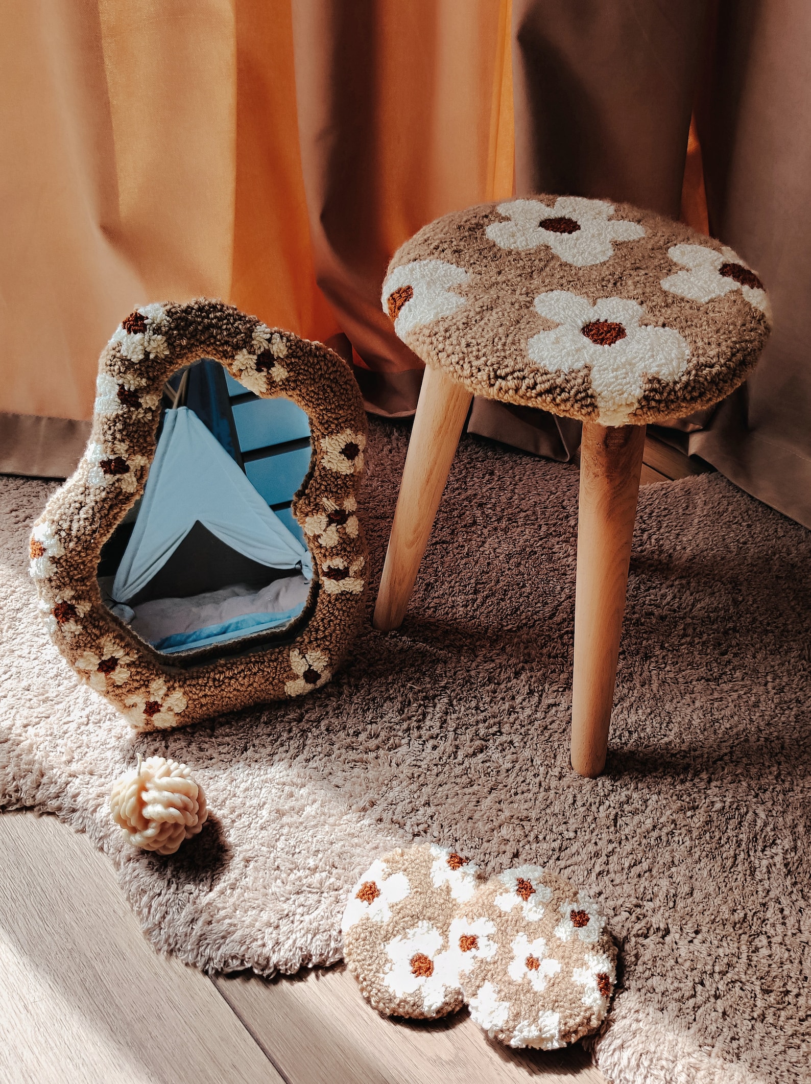 Furniture Set of 2 Pieces Punch Needle Mirror Punch Needle Stool With ...