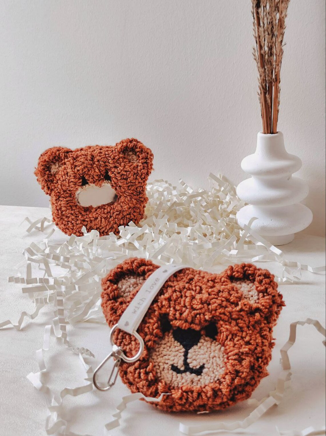 Two Items Set Punchneedle Mirror & Keychain Cute Bear Handmade Tufted Craft Gift for Her Boho ...