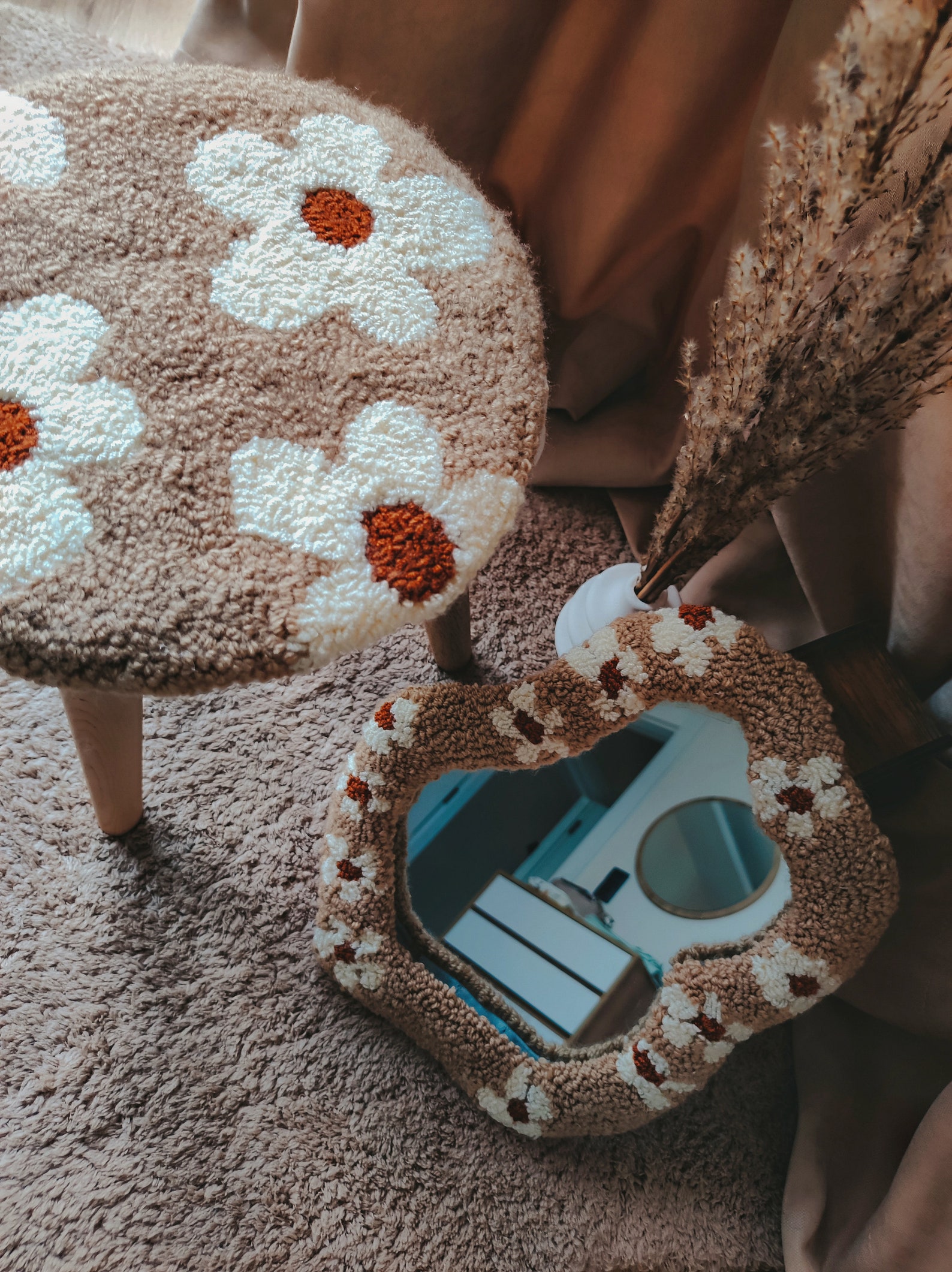 Furniture Set of 2 Pieces Punch Needle Mirror Punch Needle Stool With ...