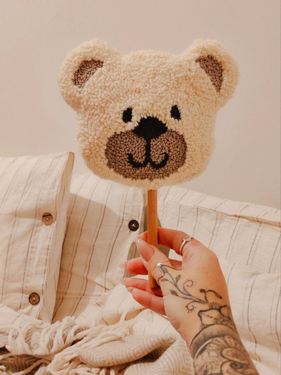 Ivory Punchneedle Teddy Bear on a Stick First Toy for Newborn Aesthetic ...
