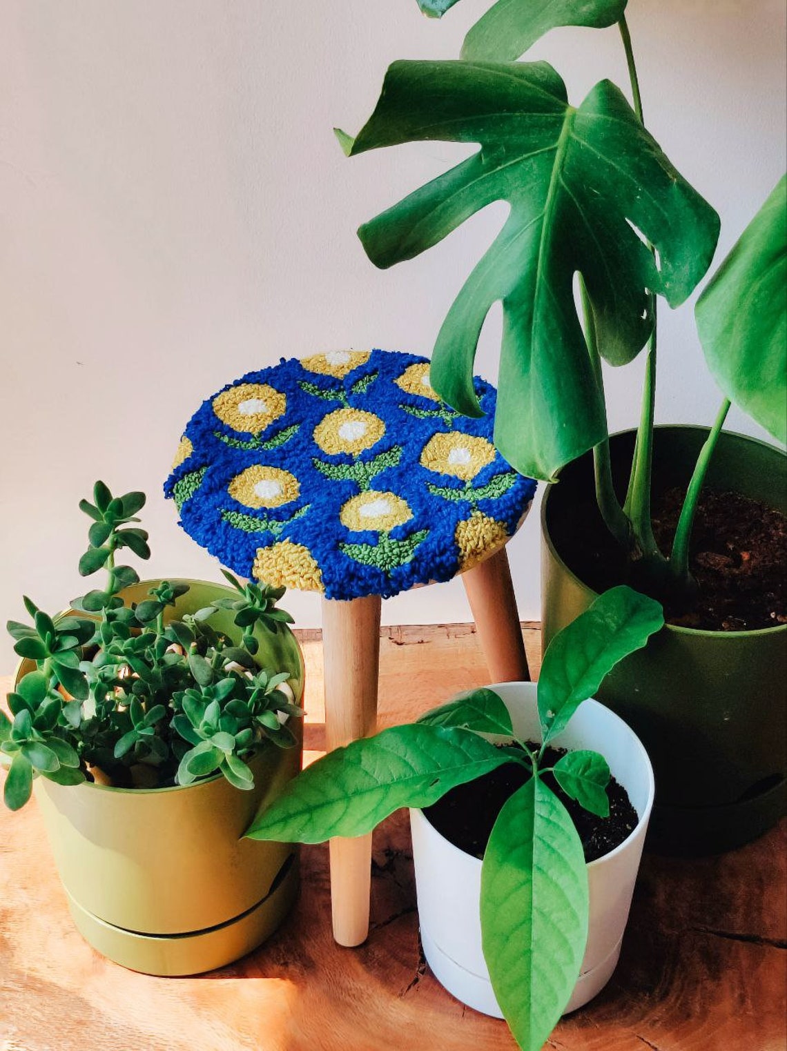 Babyroom Chair Blue Handmade Tufted Stool With Flowers - Etsy