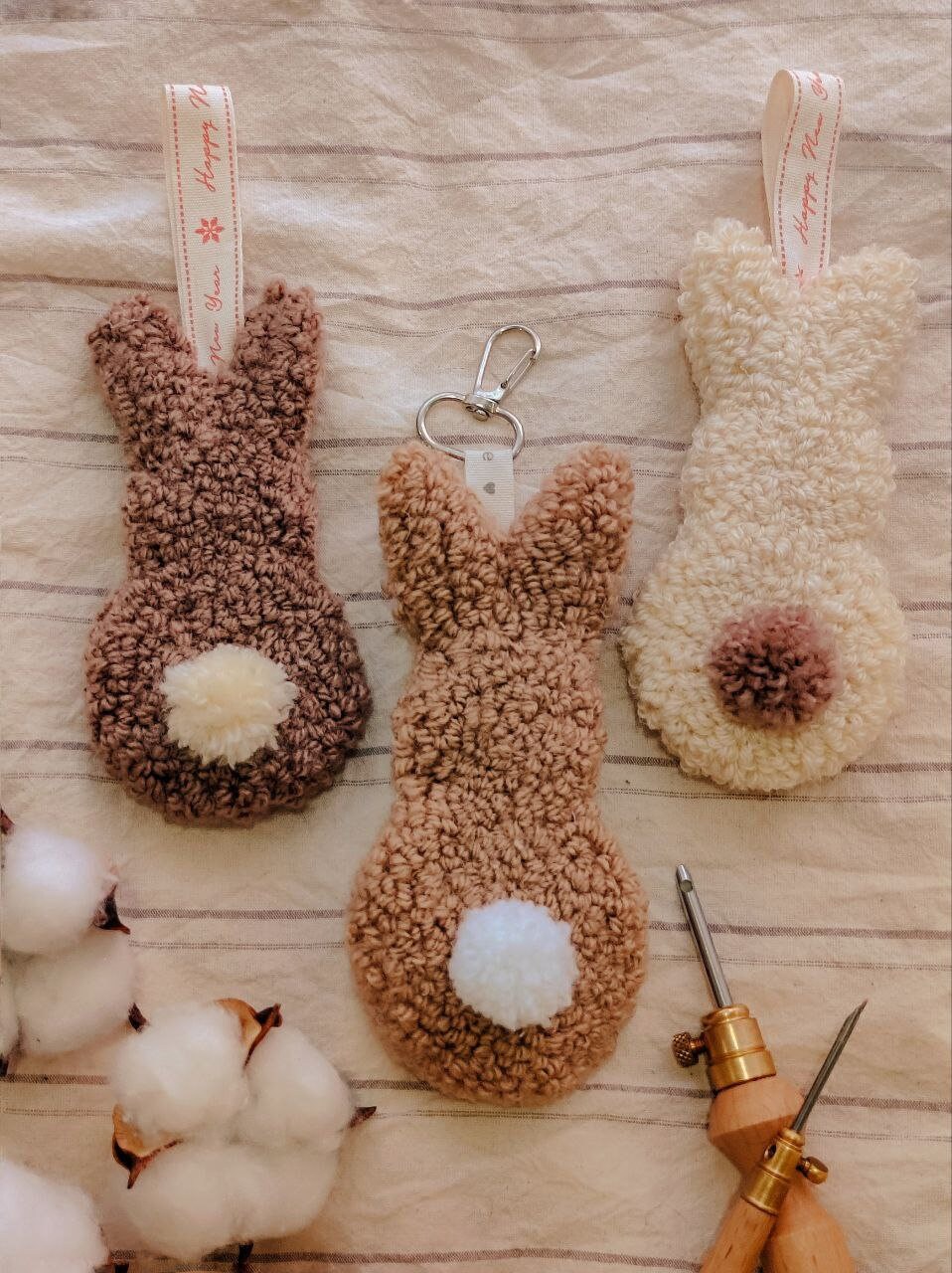Cute Keychain Set of 3 Pieces: Punch Needle Bunny Rabbit or Camomile ...