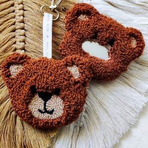 Two Items Set Punchneedle Mirror & Keychain Cute Bear Handmade Tufted Craft Gift for Her Boho ...