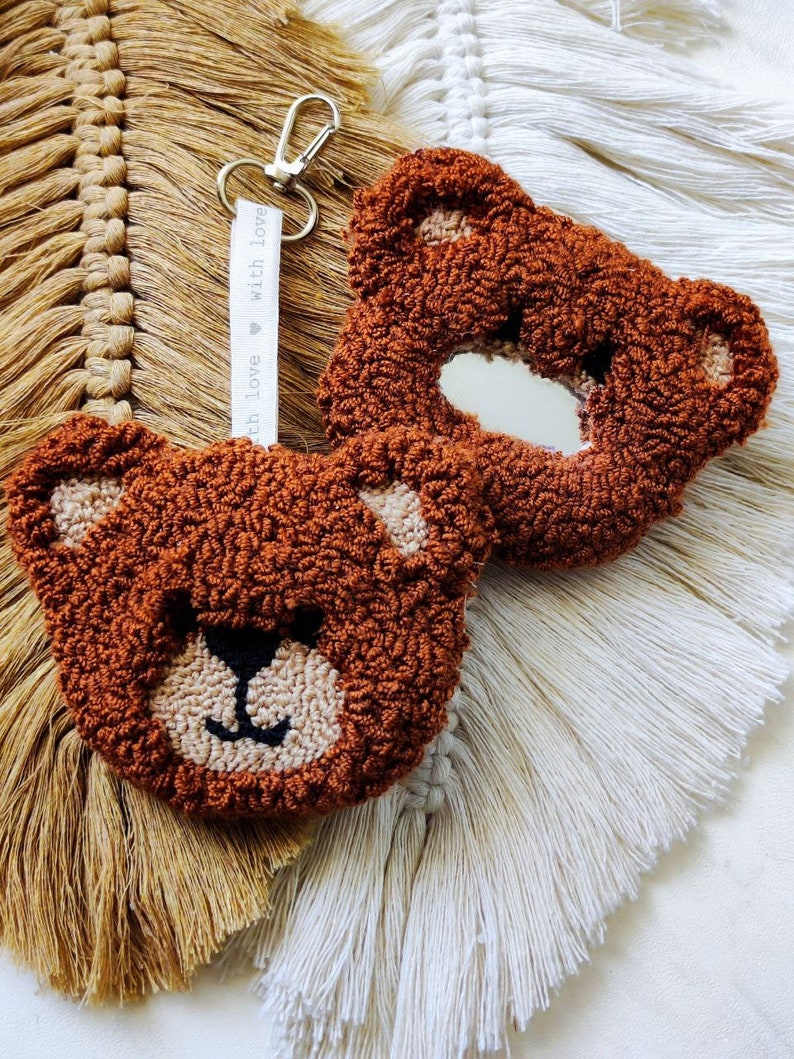 Two Items Set Punchneedle Mirror & Keychain Cute Bear Handmade Tufted ...