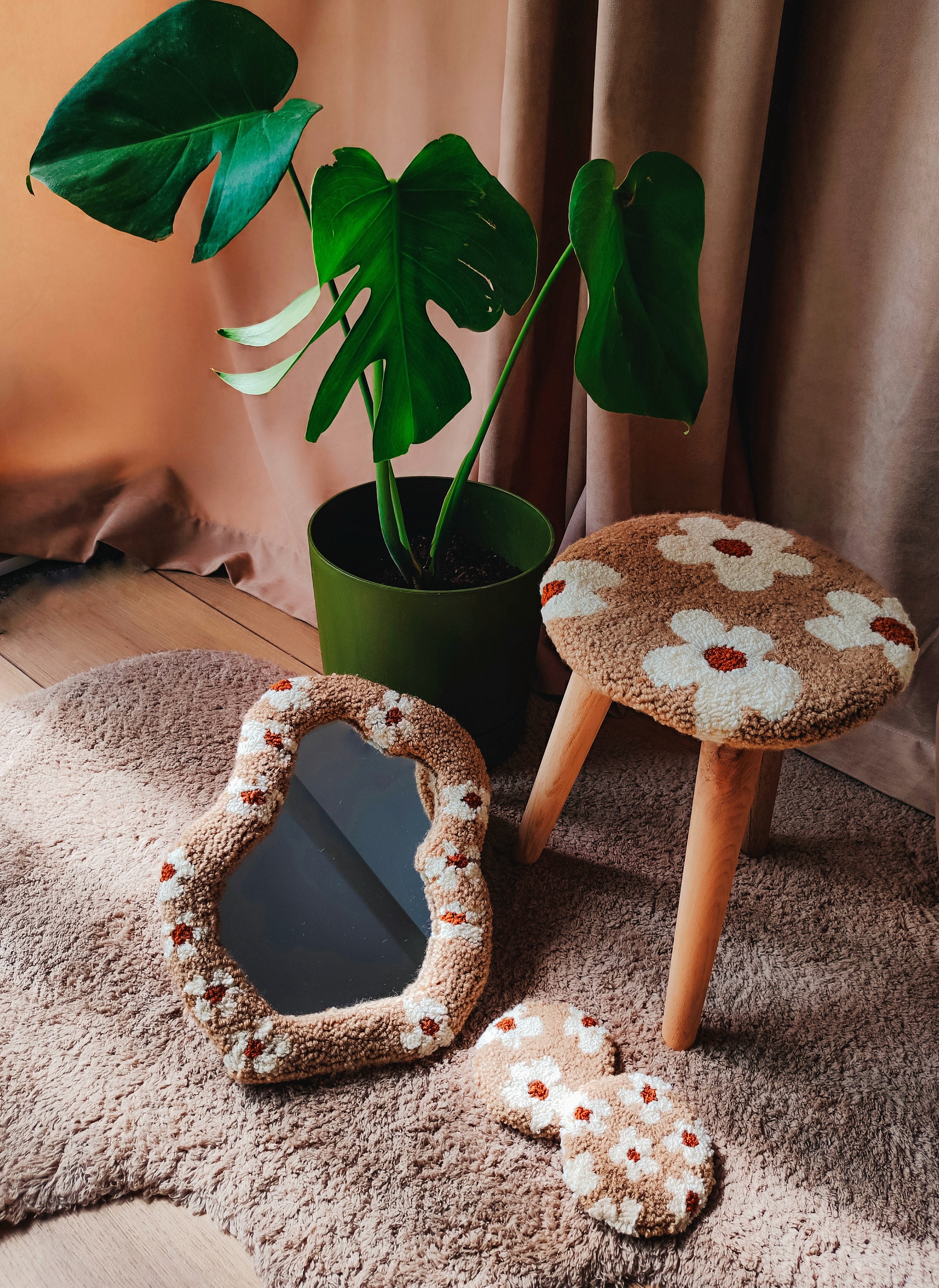 Furniture Set of 2 Pieces Punch Needle Mirror Punch Needle Stool With ...
