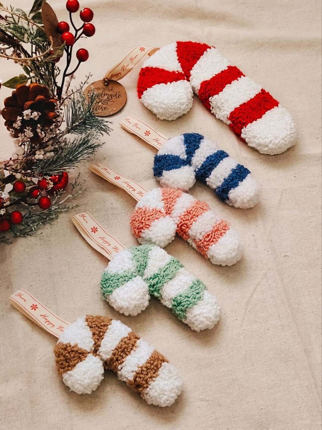 Set of 5 Toys Christmas Tree Candy Canes Handmade From Natural Cotton ...
