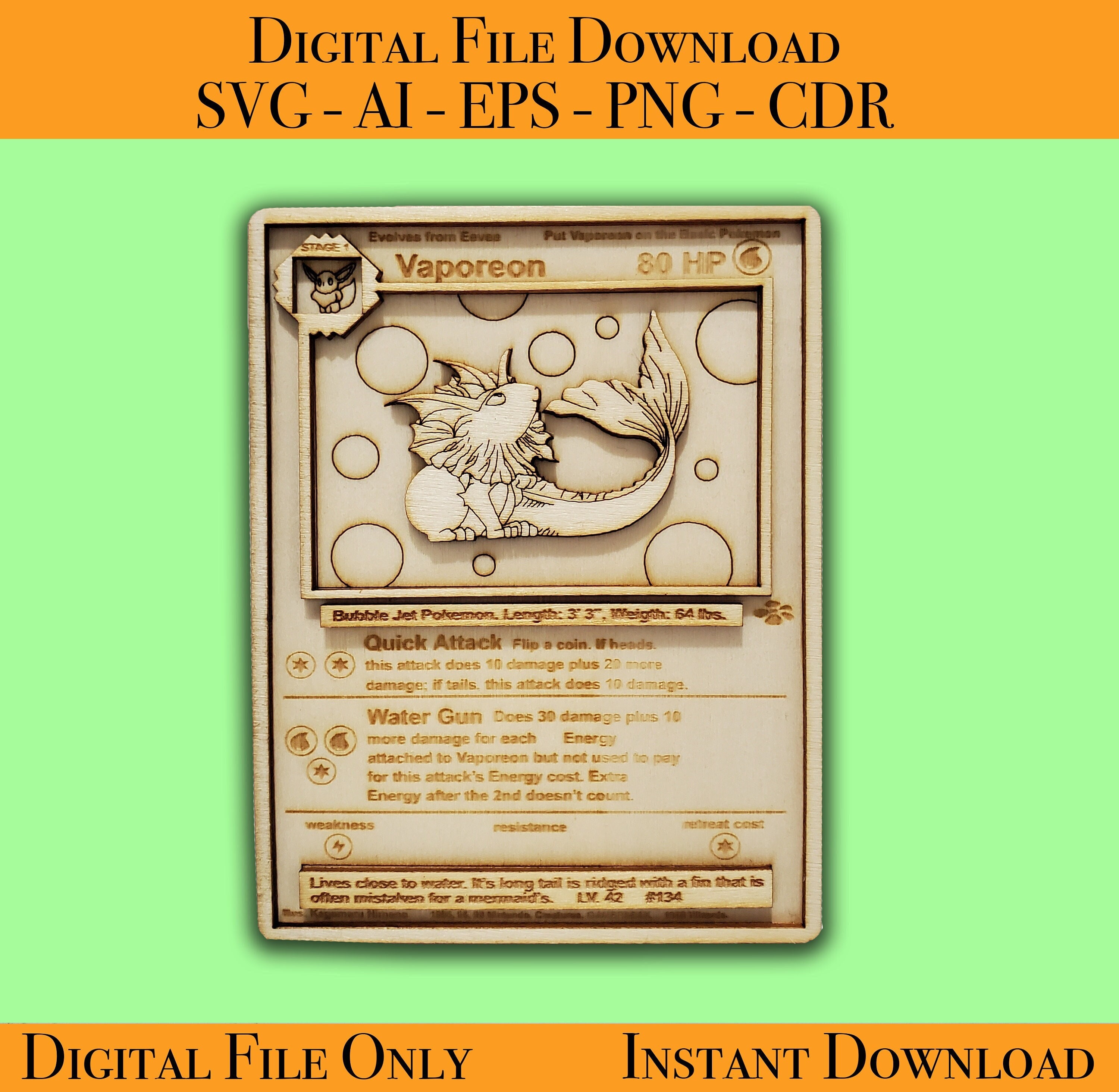 Vaporeon Pokemon Card Laser Cutter Files Vector Ready for Wood ...