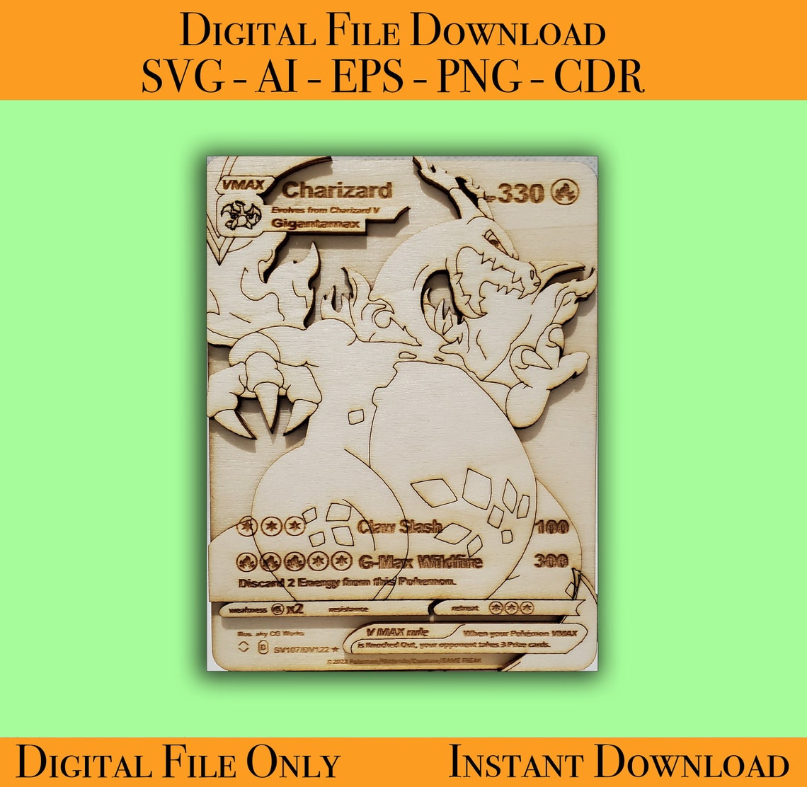 Vmax Charizard Pokemon Card Laser Files Vector Ready for Wood Glowforge ...