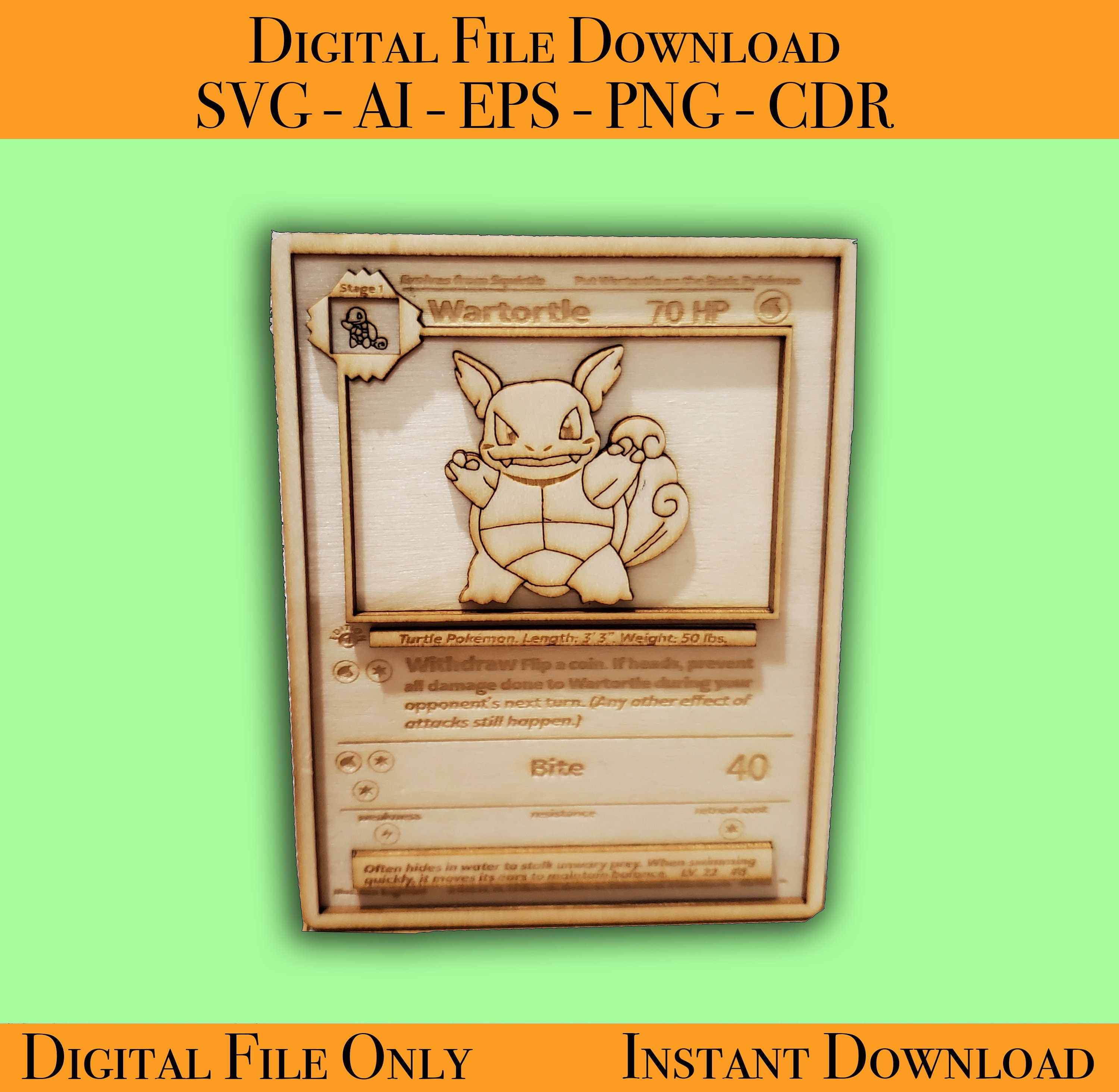 Wartortle Pokemon Card Laser Files Vector Ready for Wood Glowforge ...