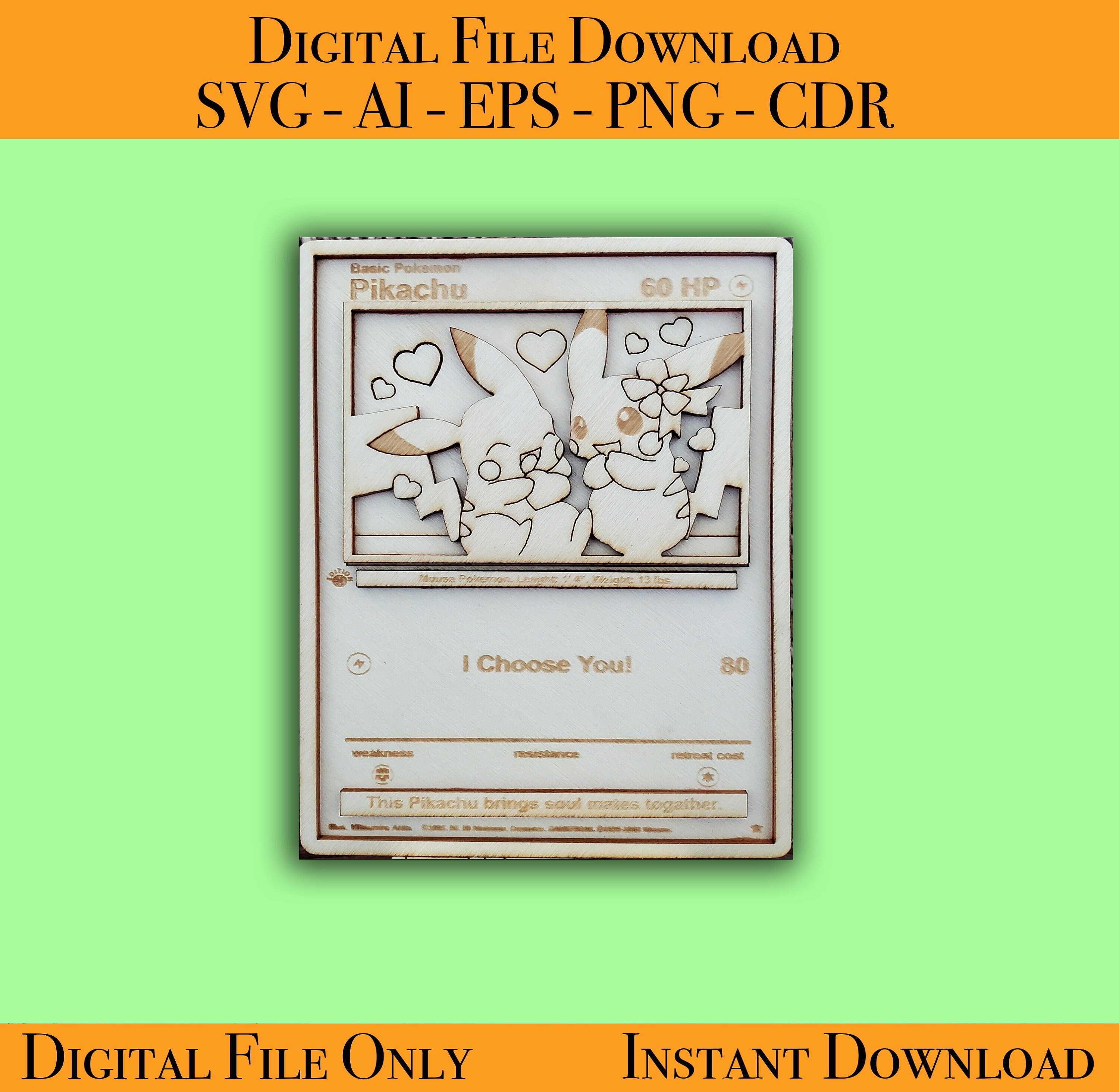 Pikachu Love Pokemon Card Laser Cutter Files Vector Ready for Wood ...